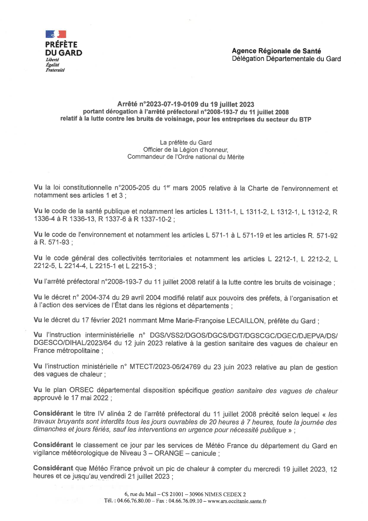 Vigilance orange canicule - arrêté portant dérogation ....relatif à la lutte contre les bruits ...
